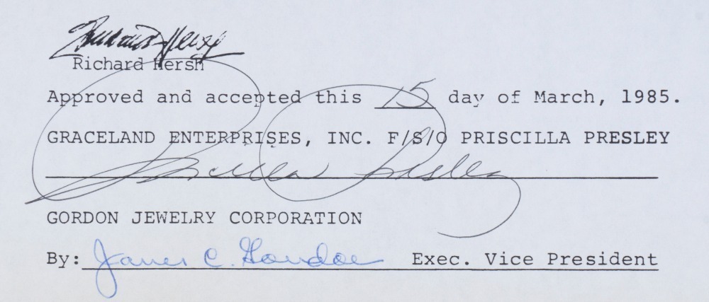 PRISCILLA PRESLEY SIGNED PHOTOGRAPHS, SIGNATURE SHEET, AGREEMENT AND ...
