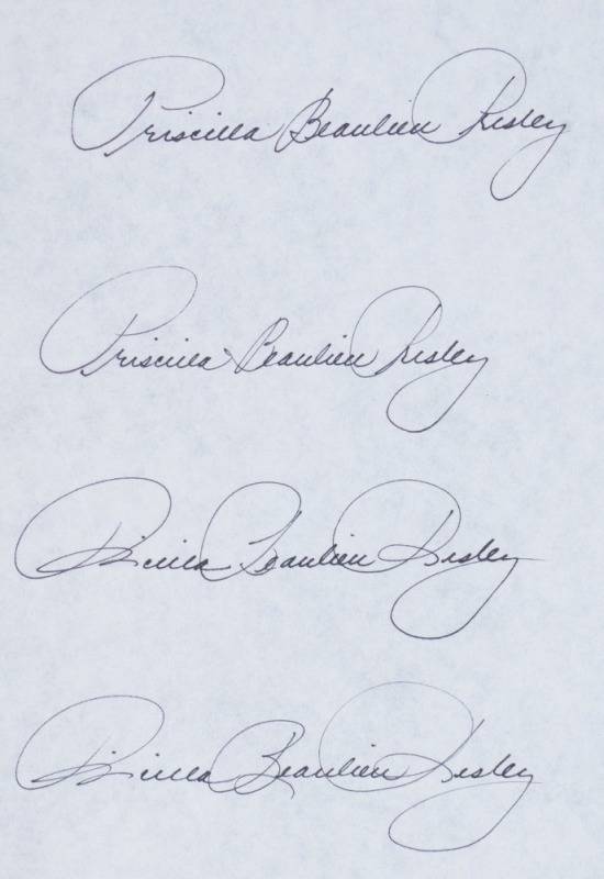 PRISCILLA PRESLEY SIGNED PHOTOGRAPHS, SIGNATURE SHEET, AGREEMENT AND ...