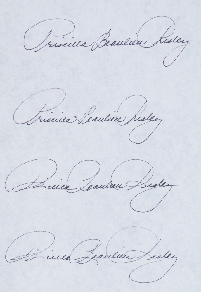 PRISCILLA PRESLEY SIGNED PHOTOGRAPHS, SIGNATURE SHEET, AGREEMENT AND ...